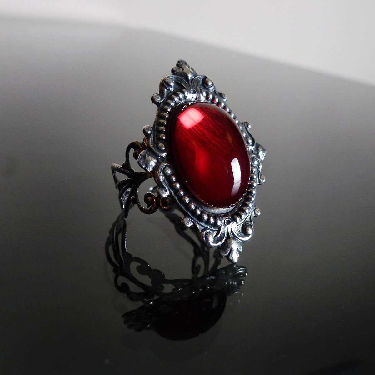 Victorian gothic ring Ruby red ornate filigree steampunk
