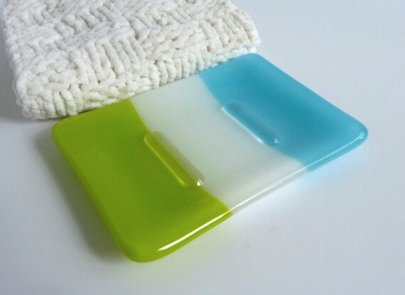 Fused Glass Soap Dish in Cyan Blue White and Spring Green