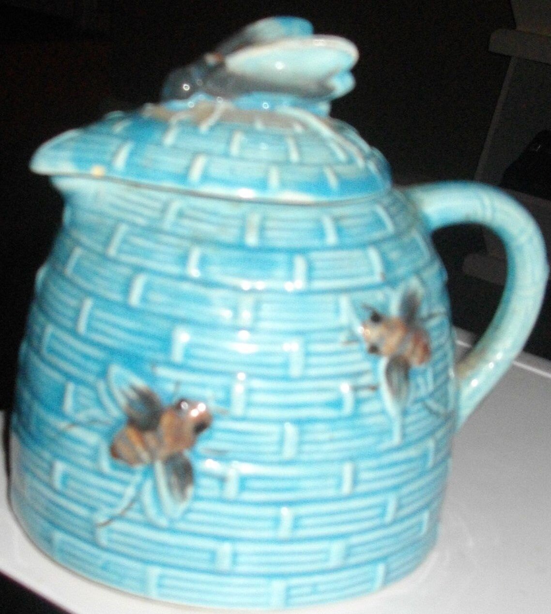 Vintage Blue Tropic Bee Ceramic Honey Pot Hive Pitcher Table Accessory ...