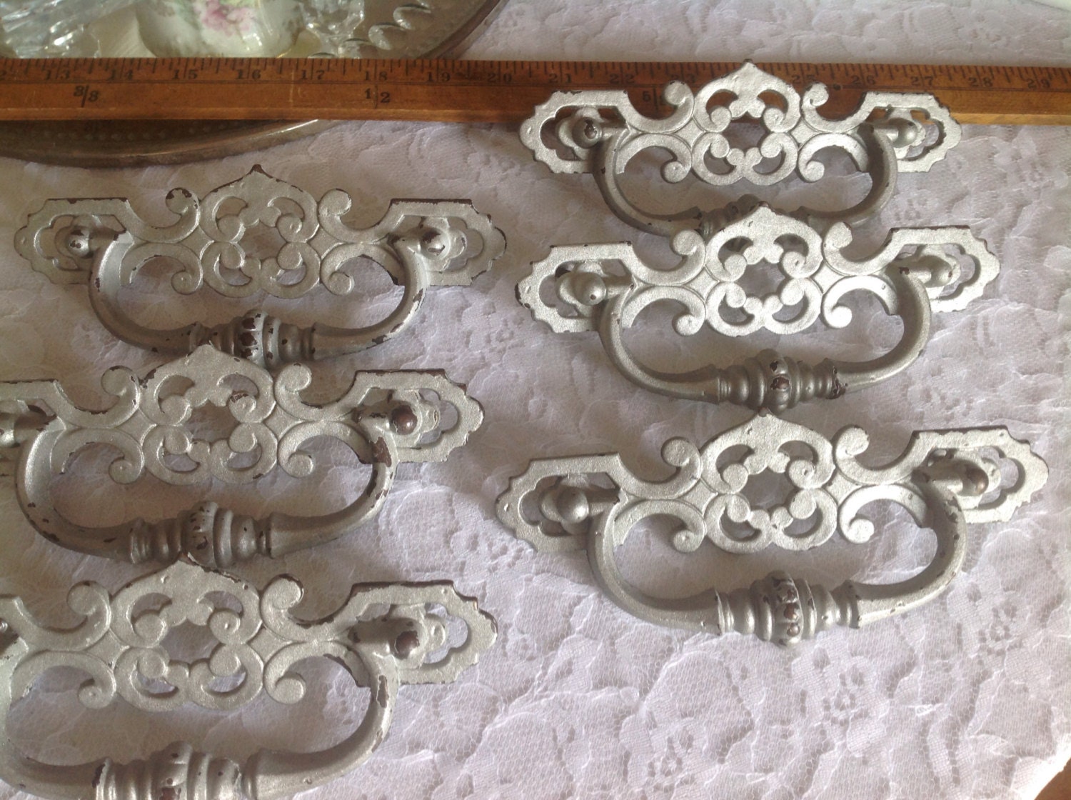Vintage Set Of Six Larger Drawer Pulls Chippy Siver Shabby Chic ...