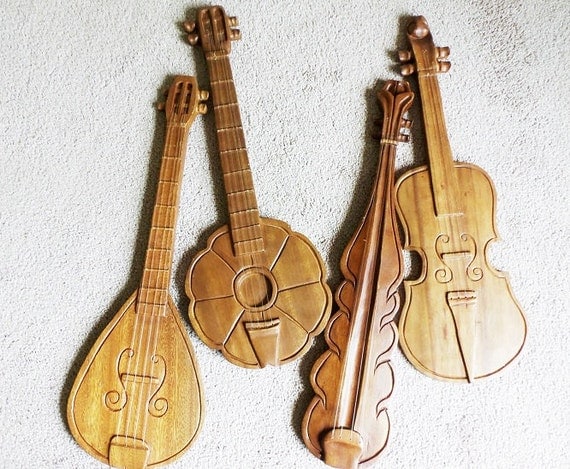 Set of 4 Vintage Carved Wood Musical String Instrument Wall Hangings S ...