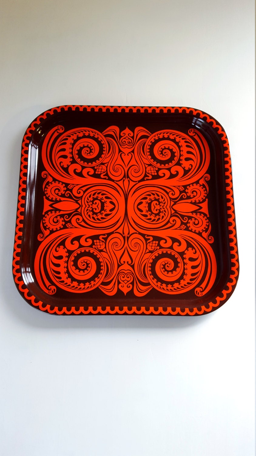 Mid Century Vintage Orange and Brown Enamel Metal Serving Tray with ...