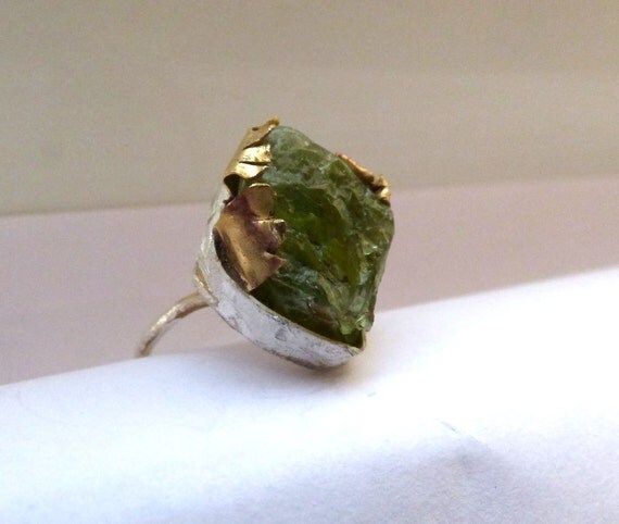raw peridot ring large rough gemstone ring sterling silver