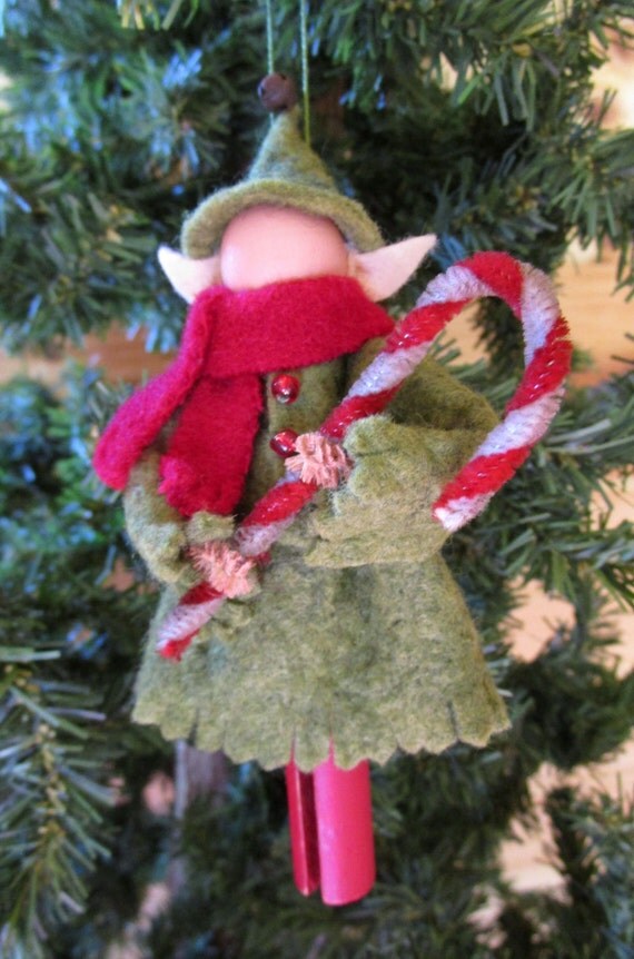Girl Elf Christmas Ornament Green Clothespin Ornament Elf