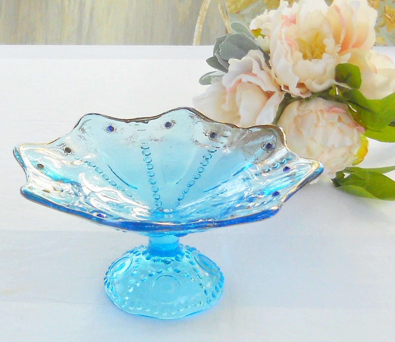 L G Wright Aqua Sandwich Glass Pedestal Compote Bon Bon Dish Art Glass Candy Dish Cottage