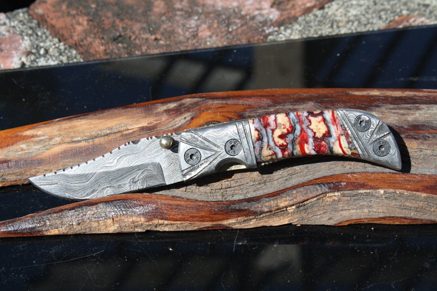 Damascus Pocket Knife with Blood Red Fossil Tooth Handle