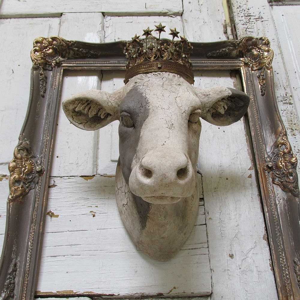 Cow head wall mount painted white putty rustic farmhouse