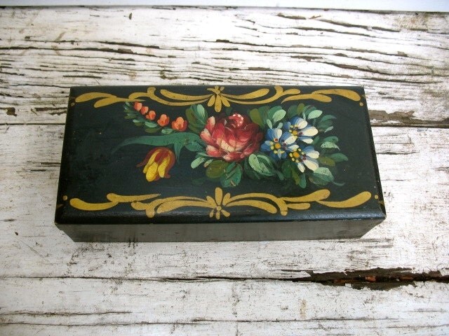 Black Scandinavian box, rosemaling, Norwegian, floral design wood box ...