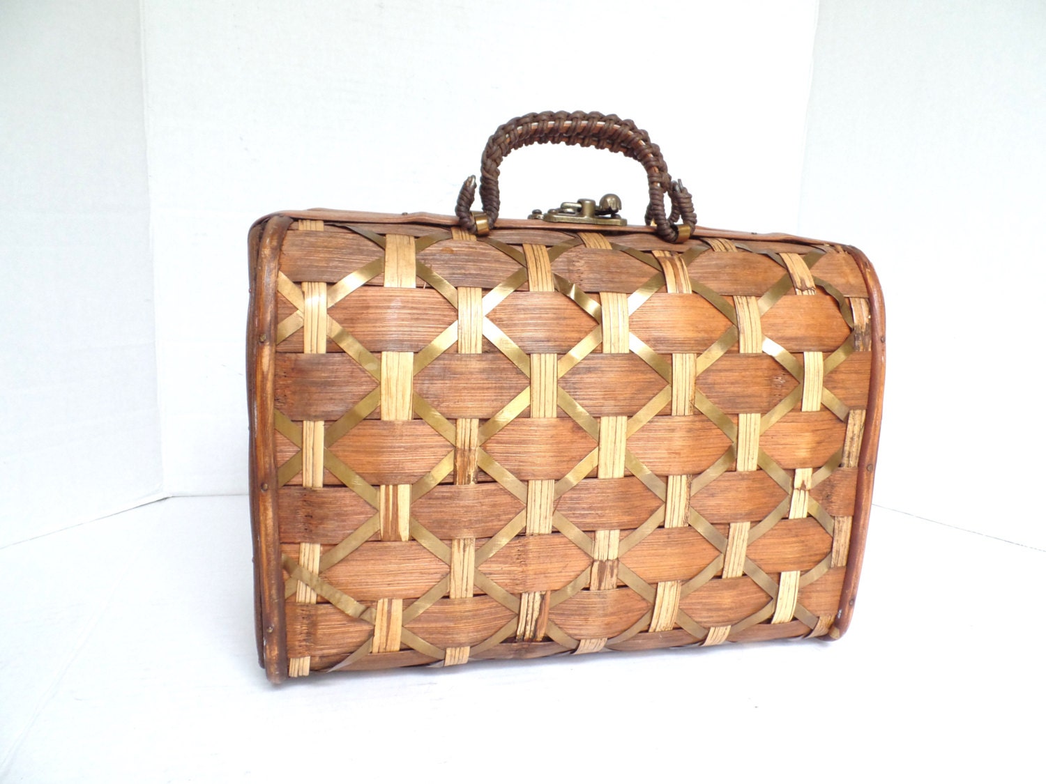 Vintage Wooden Bamboo Hinged Purse Wood Box Purse Large