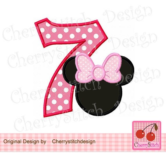 Minnie Mouse head with Birthday Number 7 Minie Embroidery