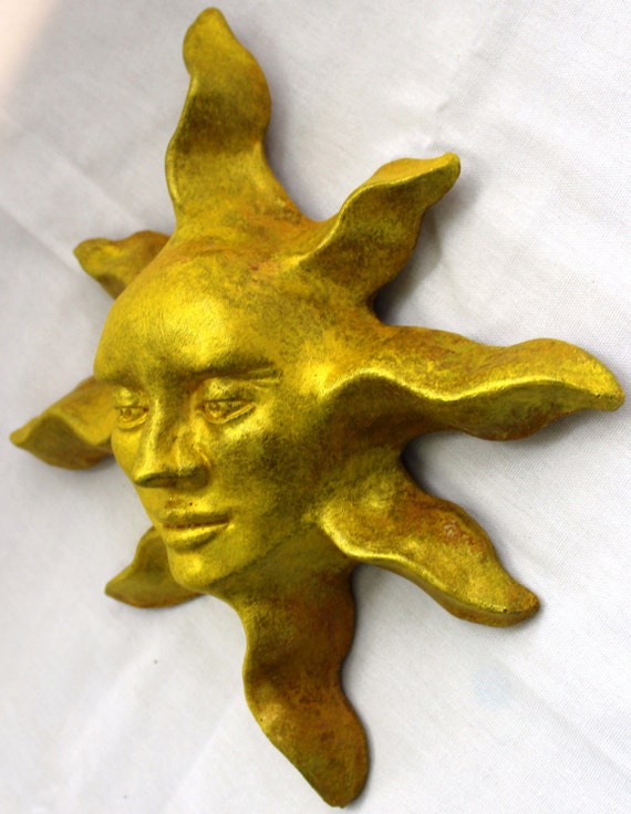 Handmade Gold Sun Face Garden Art Sculpture for Home by Claybraven