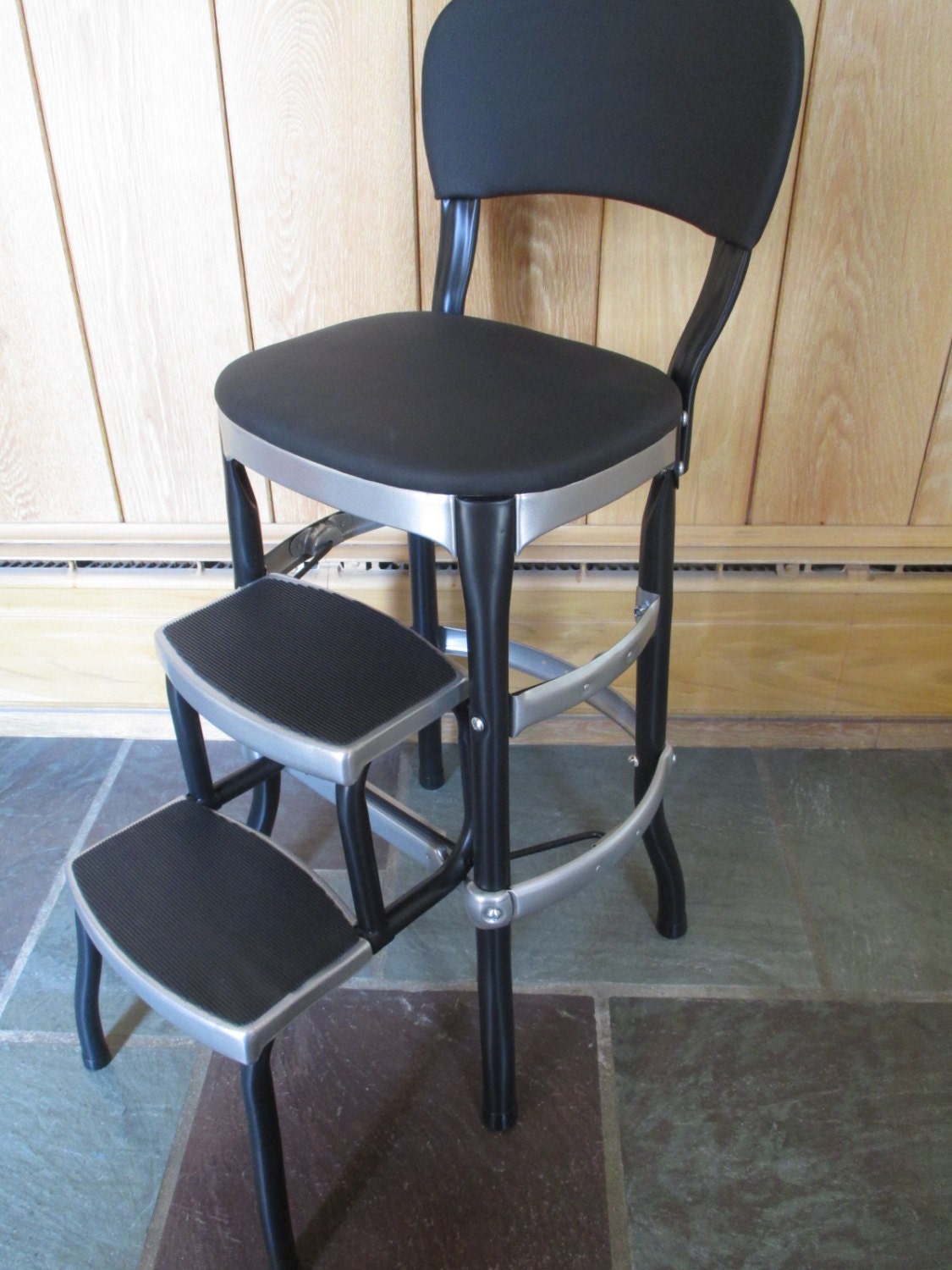 Vintage Restored COSCO Kitchen Slide Out Step Stool Upholstered Black ...