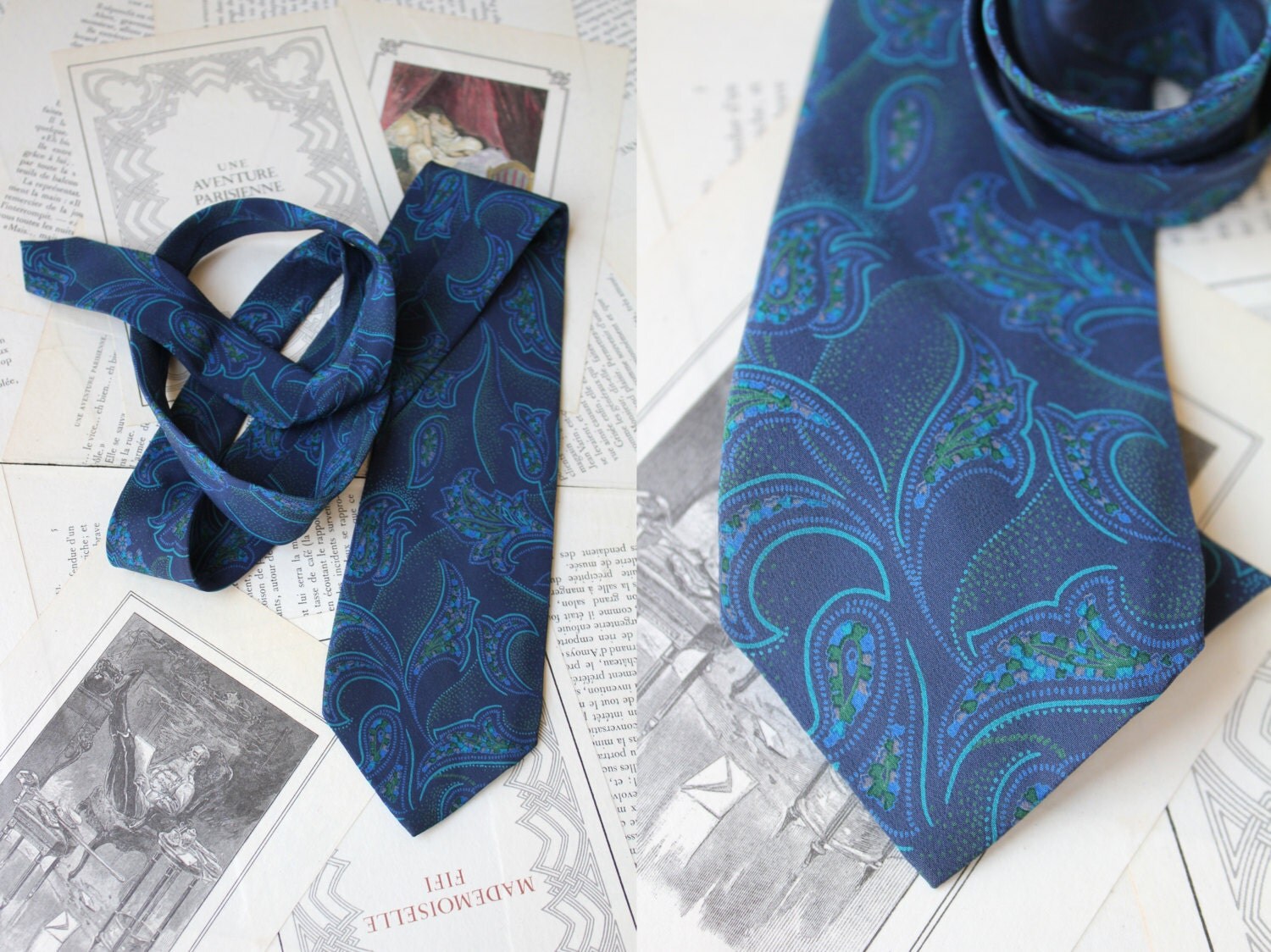 Yves Saint Laurent blue paisley silk tie classy light navy blue green ...