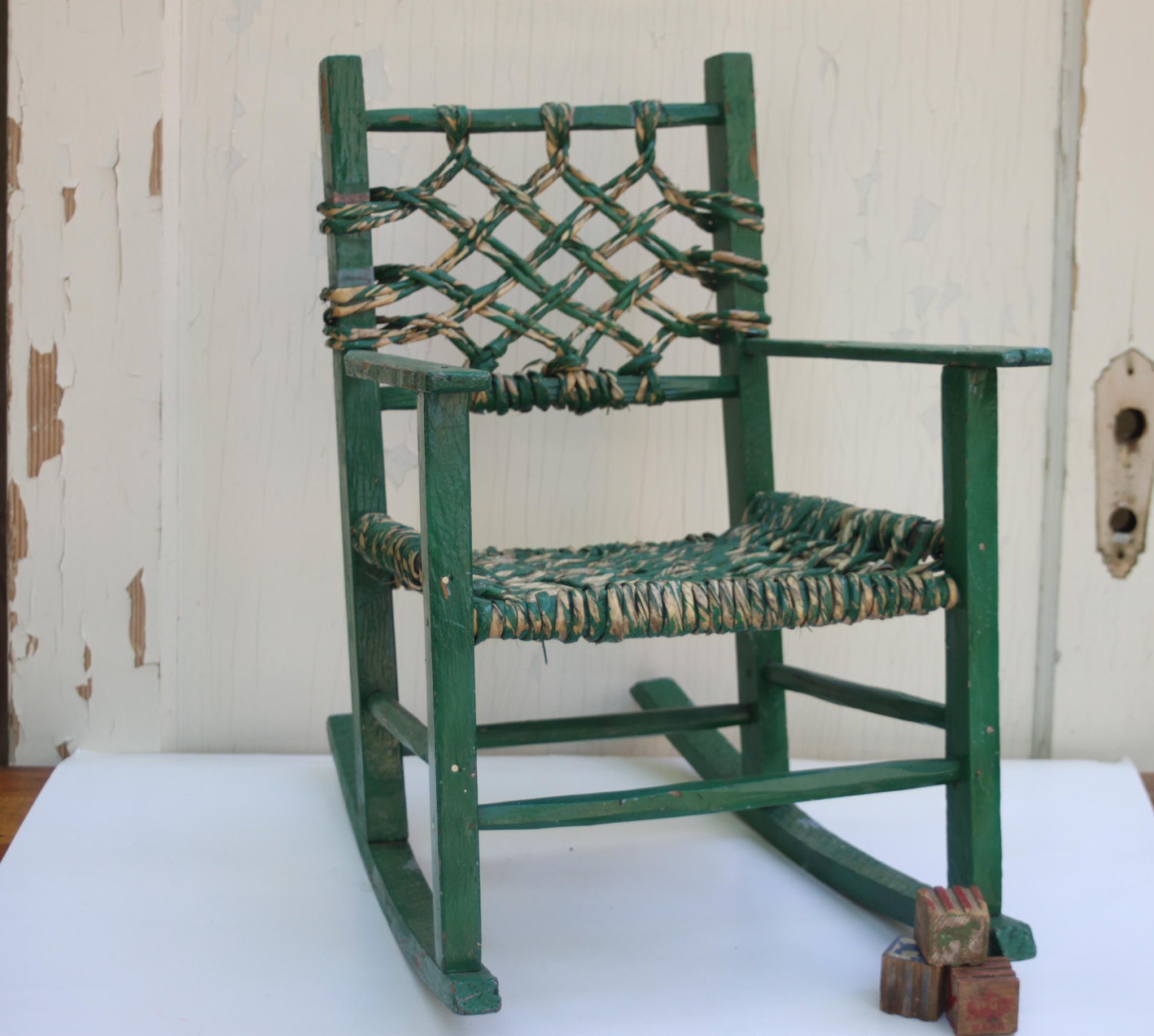 Antique Chippy Green Child’s Rocking Chair with Woven Seat – Haute Juice