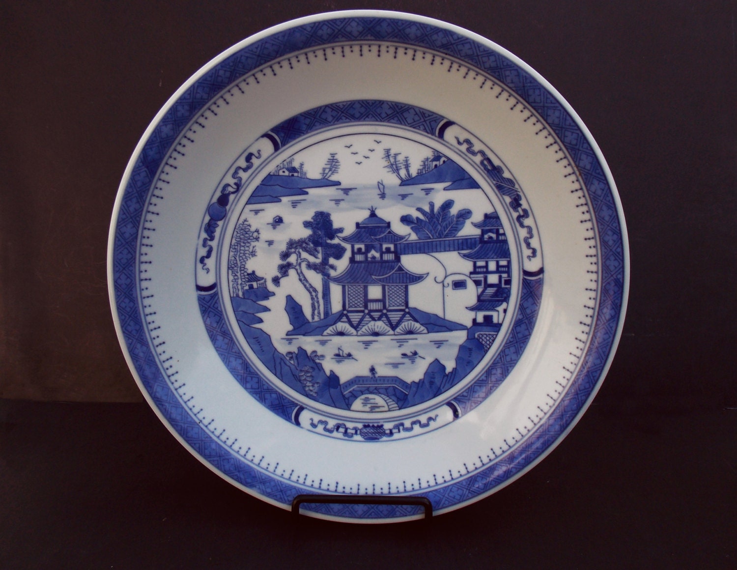 Large Round Chinese Blue & White Shallow Bowl Dish Serving Pottery ...