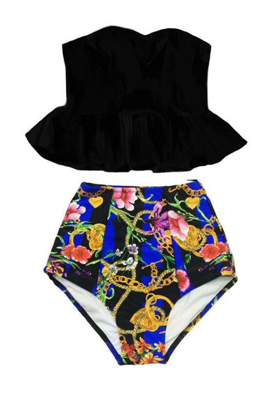 Black Long Peplum Tankini Top And Graphic High Waist Waisted