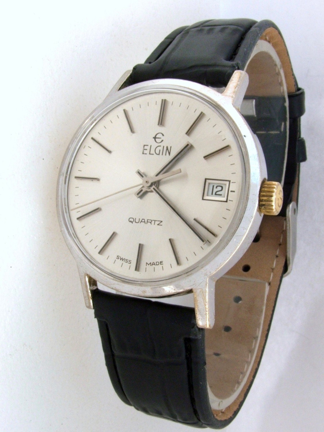Vintage Mens Elgin Quartz Swiss Watch Silver Color With New Leather ...