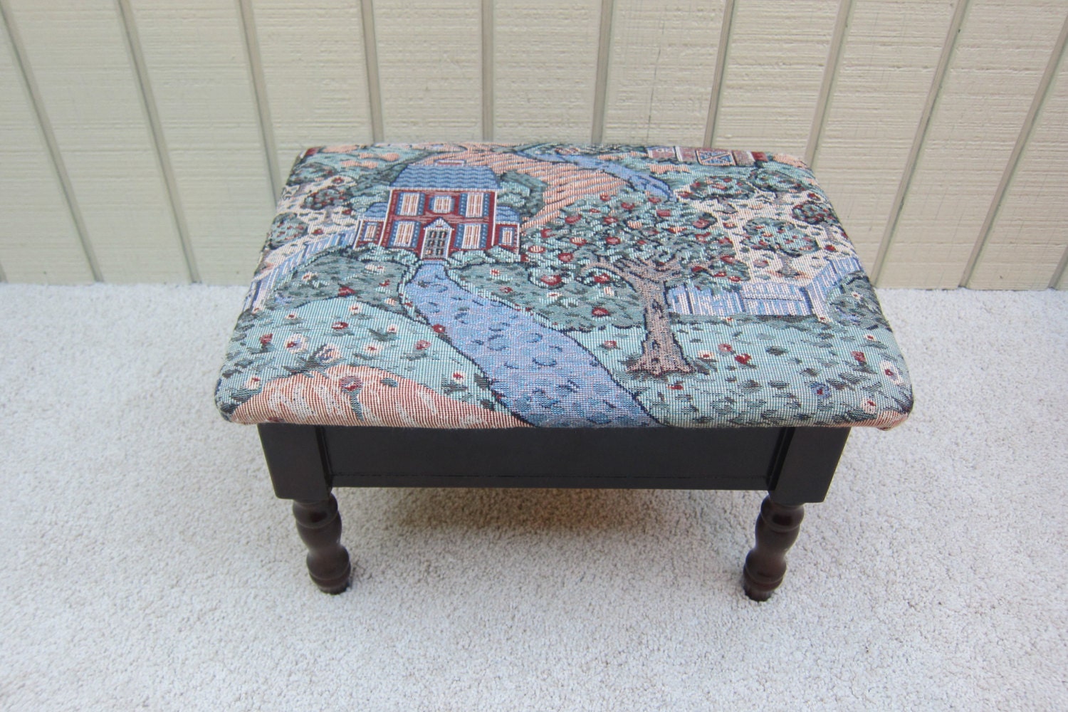 Vintage tapestry stool, foot stool, small table, small box, meditation ...