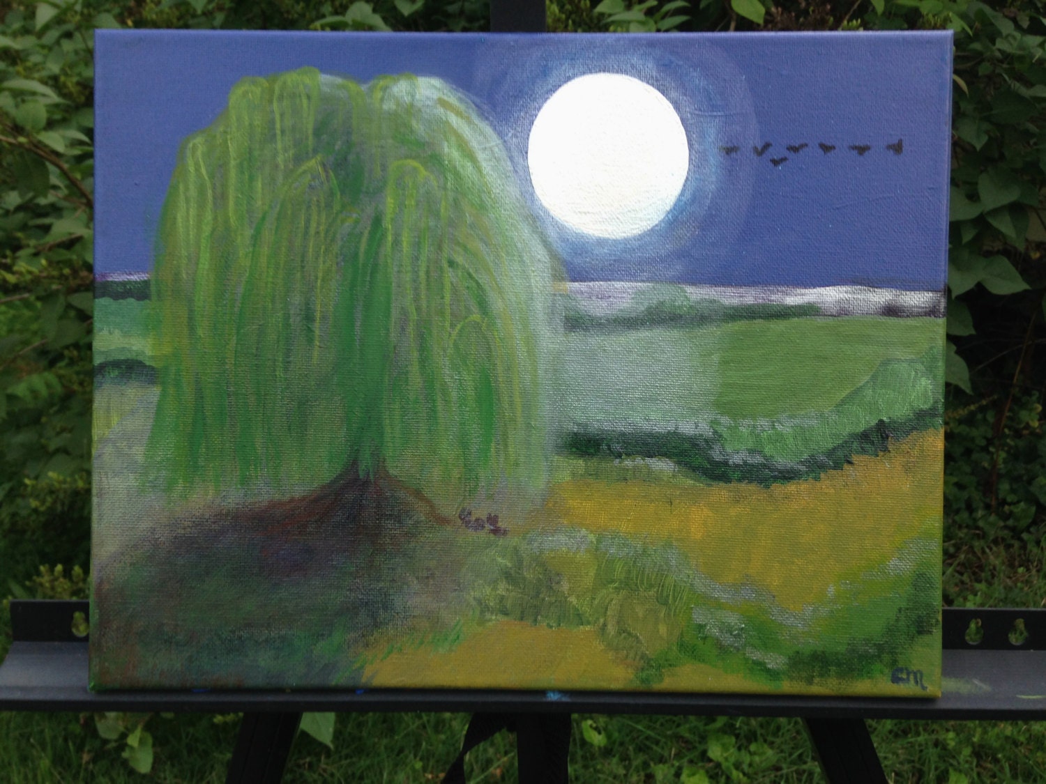 WILLOW TREE in MOONLIGHT original acrylic painting