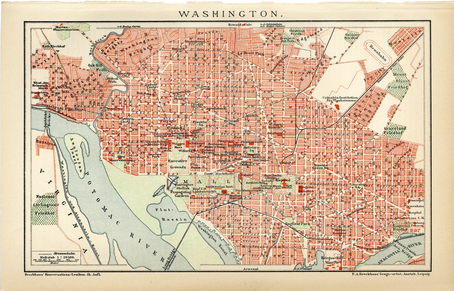 C. 1894 Antique Map of Washington DC Vintage Decor Geography