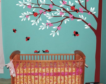White Tree Wall Decal Huge Corner Tree with Leaves by StudioQuee