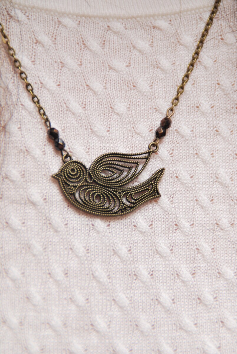 Bird necklace, bird pendant, bird jewelry, boho hippie necklace, bronze ...