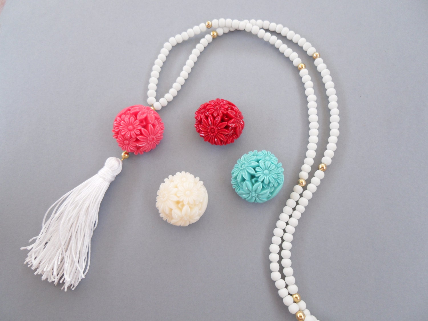 White Beaded Necklace With Tassel Statement By Marizasshop On Etsy