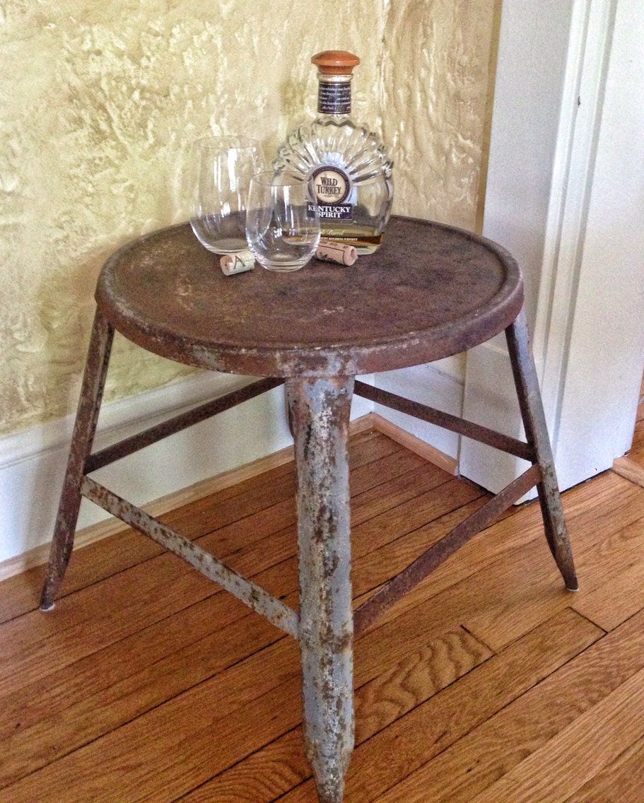 Vintage round rusted metal farm stool antique urban side table loft man ...