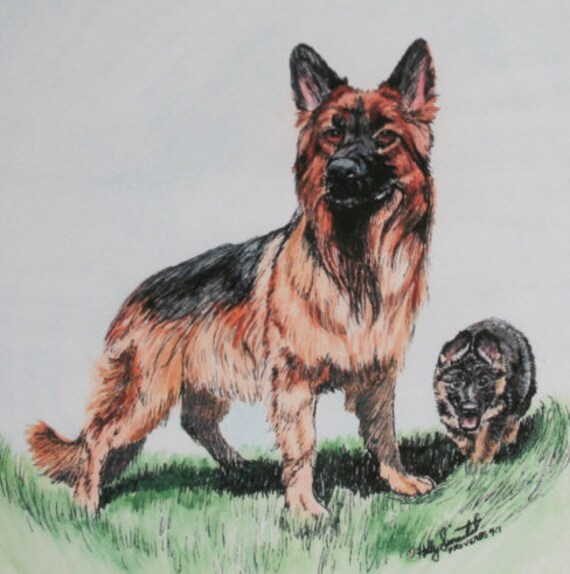 German Shepherd Father's Day card Handmade pen and ink