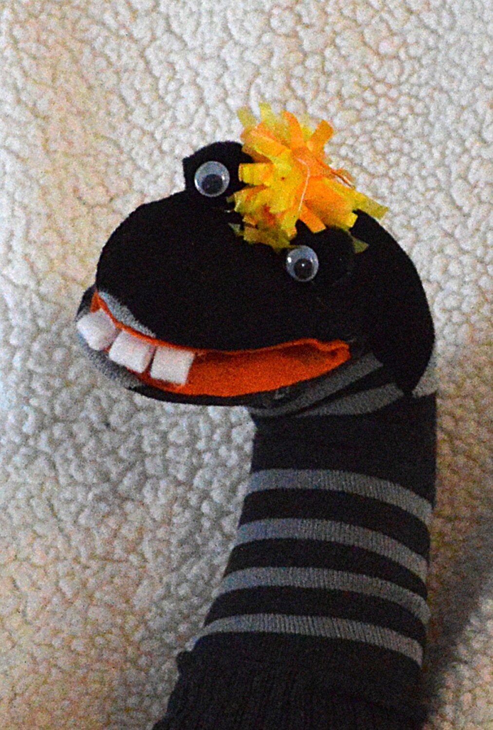 Sock Puppet with Spiky Yellow Hair 3 Teeth and Black Eyes