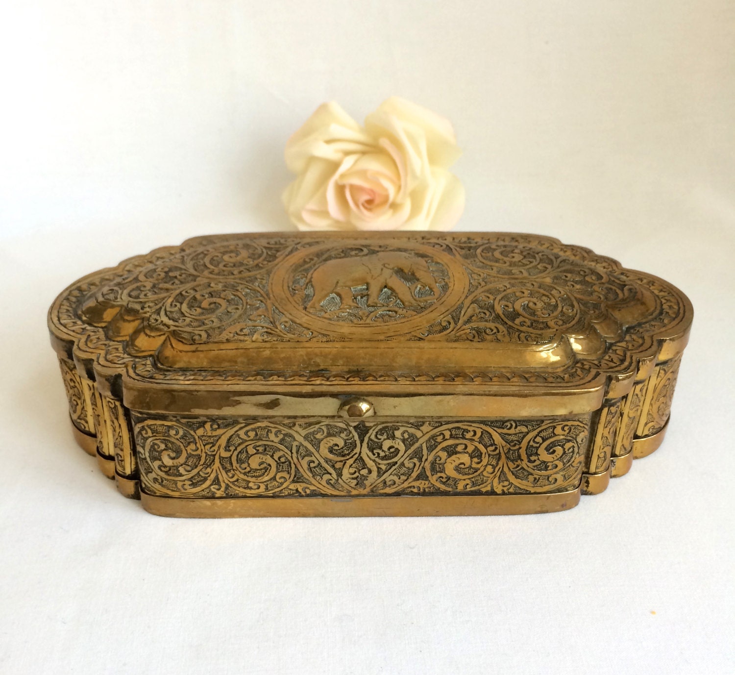 Brass Box Trinket Box ornate India Silver box with hinged lid and Red ...