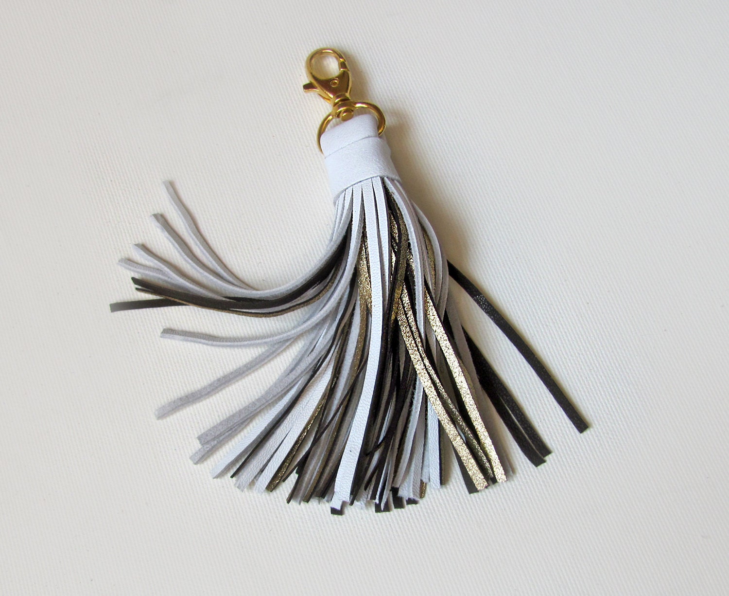 Leather Tassel Large White and Gold tassel keychain