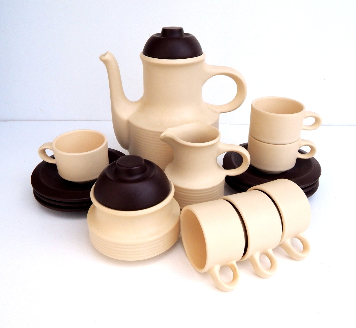 Vintage Pottery Coffee Set Mid Century Modern Brown Cream Spain, 6 Cups ...