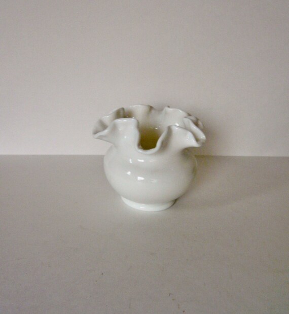 Fenton White Milk Glass Ruffled Vase in the Rose Bowl Shape