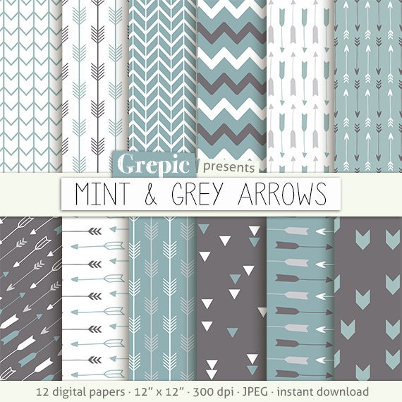 Arrows digital paper: “MINT & GREY ARROWS” backgrounds with arrow ...