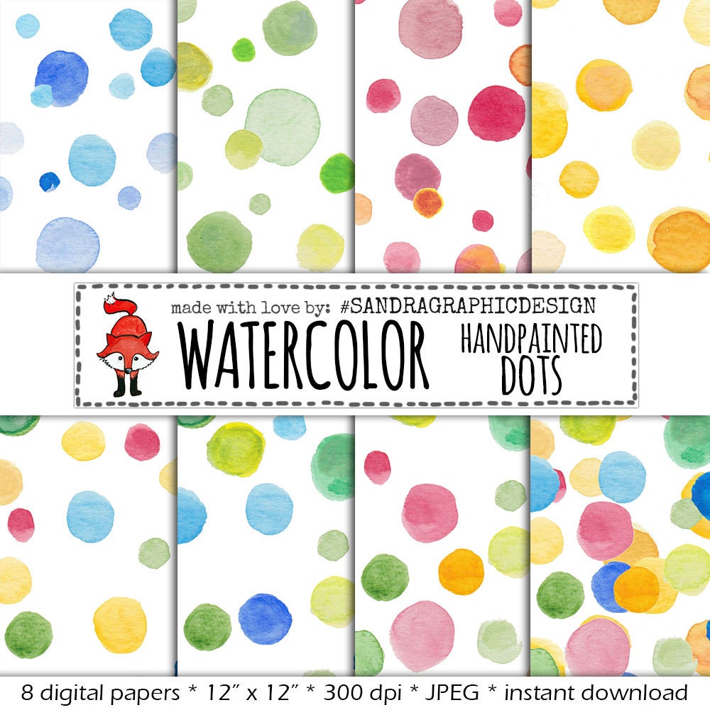 Watercolor dots digital paper: “HANDPAINTED DOTS” with watercolor dots ...