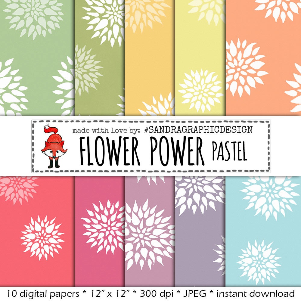 Digital paper: “FLOWER POWER pastel colors” with white flower ...