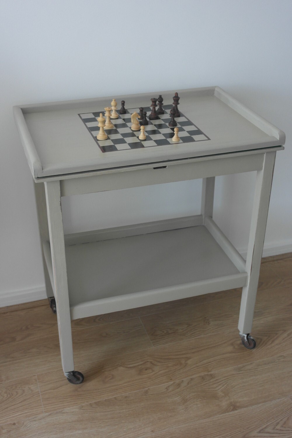 Vintage games trolley in grey with painted chess top, cards storage and ...
