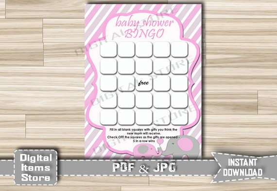 Printable Bingo Game Elephant Pink Baby Shower Bingo Game