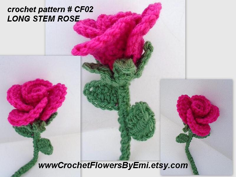 Crochet flower PATTERN Long Stem Rose Crochet leaves Trim