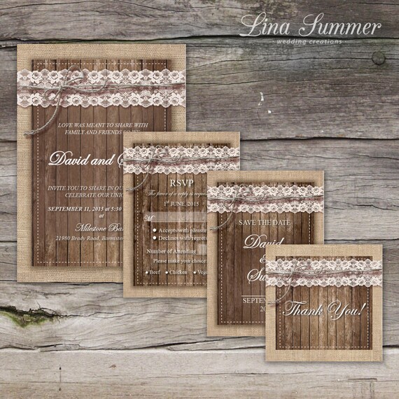 DIY Rustic wedding invitation with burlap wood and lace