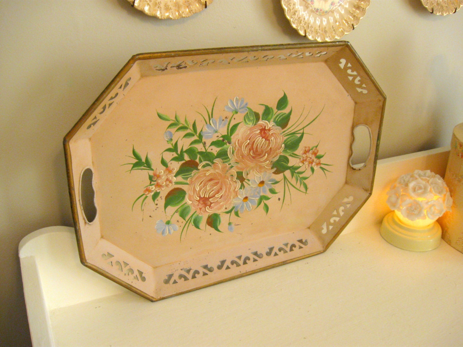 Vintage Large Shabby Pink Cottage Tole Painted Roses Paris Chic Tray ...