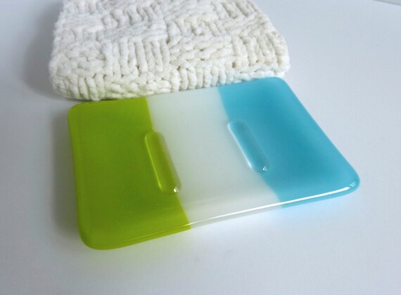 Fused Glass Soap Dish in Cyan Blue White and Spring by BPRDesigns