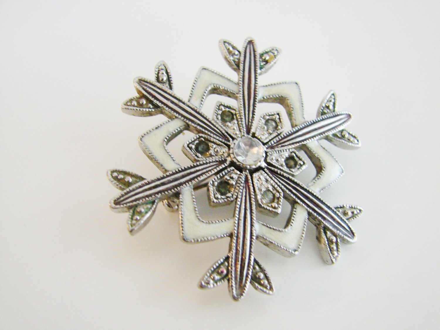 Vintage silver snowflake brooch with white enamel and clear crystals ...