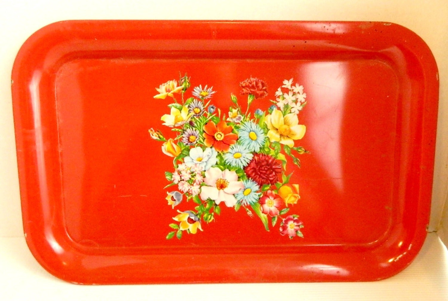 Vintage Red Painted Tray with floral Decal Rectangle Serving Tray Metal ...