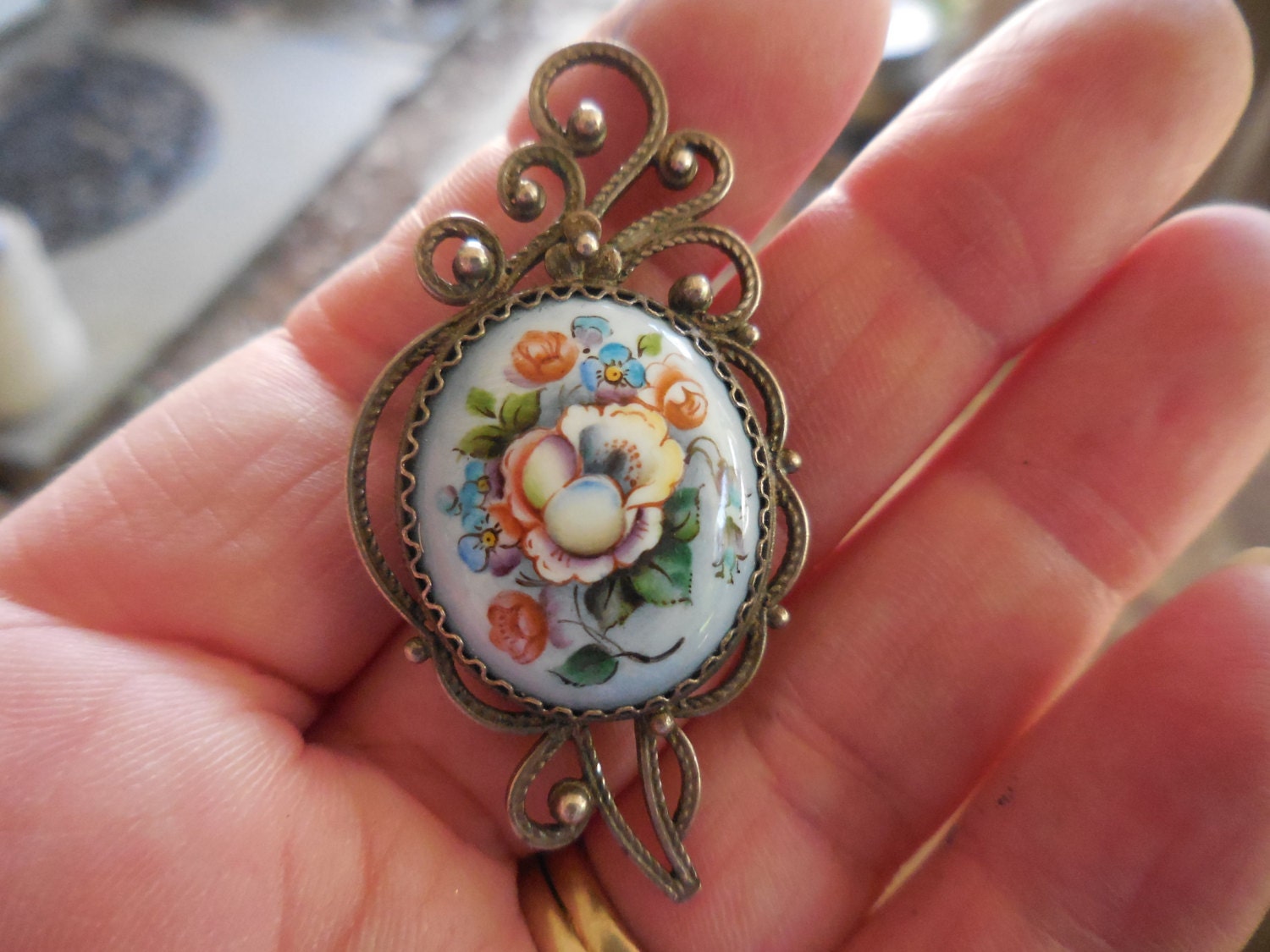 Vintage Enamel Pin With Flowers Blue/Purple/Pink Intricate Sterling ...