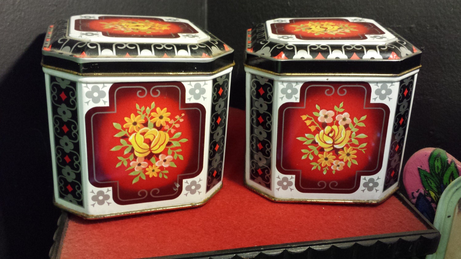 Pair of Vintage Squared Tin Boxes with Floral Print Red, Black, Yellow ...