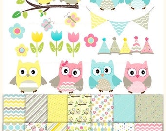 ON SALE Owls clip art,Owls papers,baby owl Birthday clip art,Digital ...