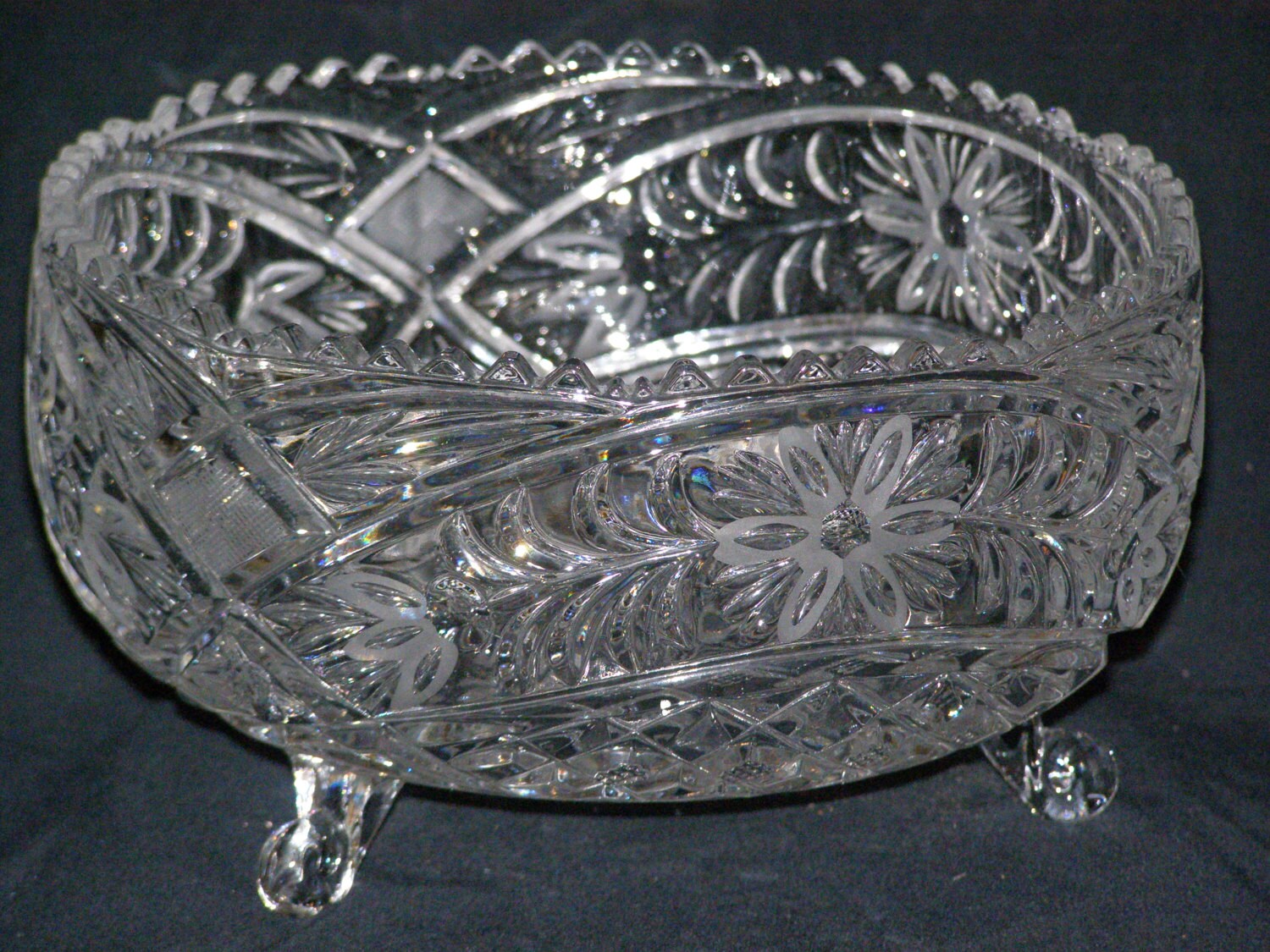 Vintage Pressed Glass Etched Three Footed Center Piece Bowl