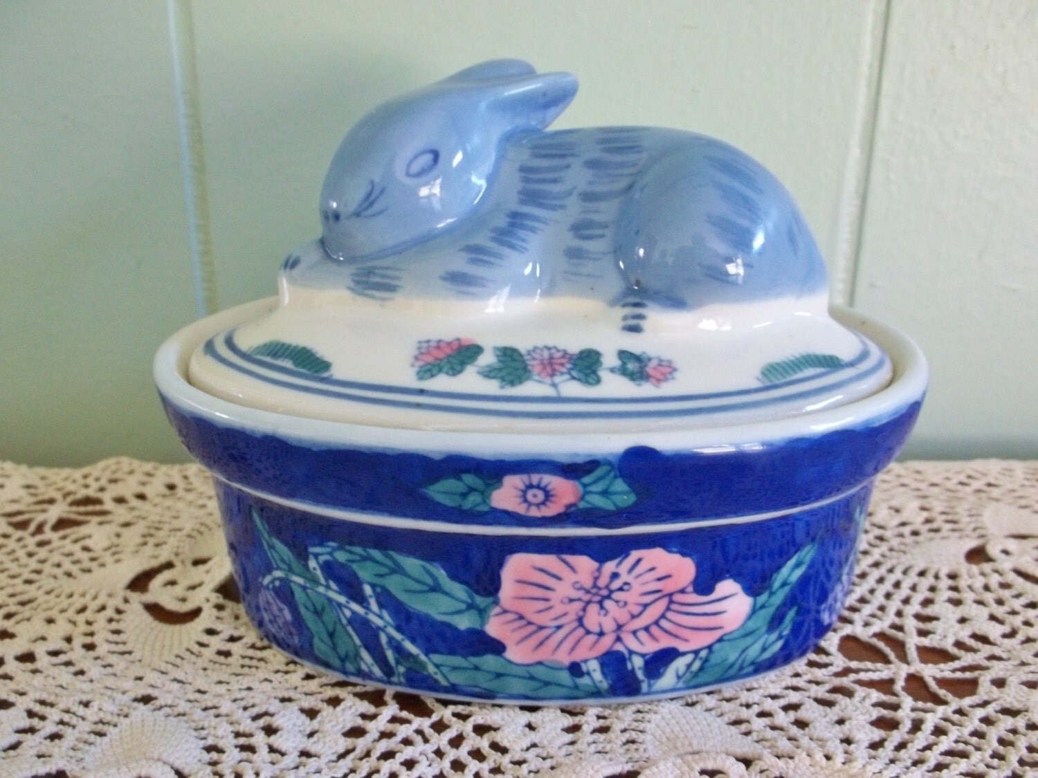 Bunny lid covered dish in cobalt blue, hand painted with lotus flowers ...